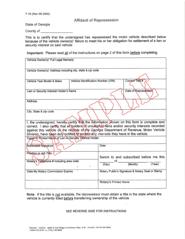 Affidavit of Repossession – Georgia Independent Automobile Dealers ...