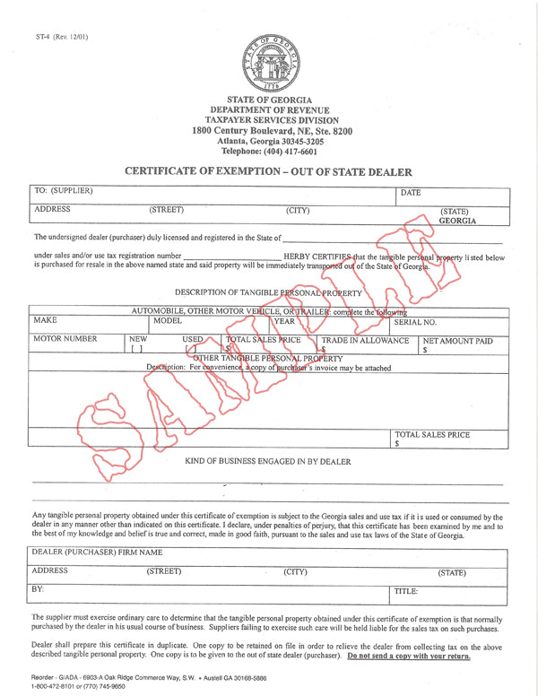 Certificate of Exemption (Out of State Dealer) – Georgia Independent ...