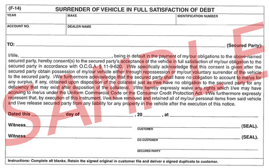 Surrender of Vehicle in Full Satisfaction of Debt – Georgia Independent ...